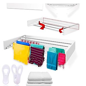 SCAR EMPIRE Space Saver Wall Mounted Drying Rack Holds 60 lbs Capacity - Stainless Steel Laundry Drying Rack Foldable - Sweater, Towel, Clothes Drying Rack Wall Mounted for Indoor & Outdoor (White)