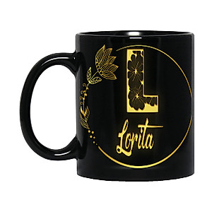 Coffee Mug Personalized Lorita Name & Initial Letter Monogram Floral Alphabet Mug Golden Flowers Custom Black Coffee Cup, Gift for Her Mom Coworker Sister, Wife, Girl 11oz Black Mug 197783
