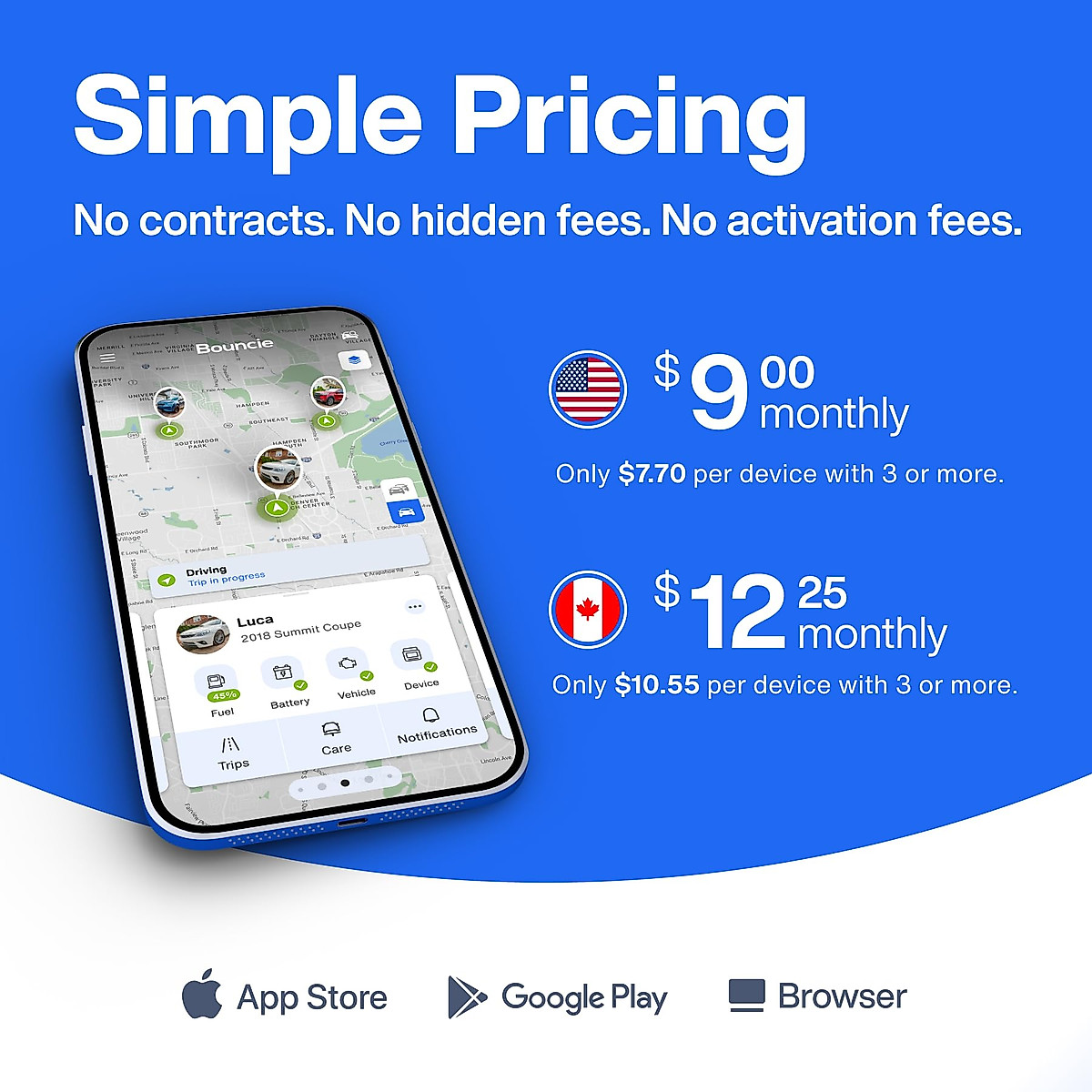 Bouncie - GPS Tracker for Vehicles, Vehicle Location, Route History, Speed Monitoring, Accident Notification, GeoFence, No Activation Fees, Cancel Anytime, Family and Fleets