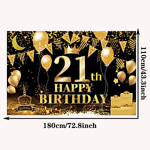 Happy 21th Birthday Backdrop Banner Black Gold 21th Sign Poster 21 Birthday Party Supplies for Anniversary Photo Booth Photography Background Birthday Party Decorations, 72.8 x 43.3 Inch