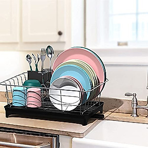 ANTOWIN Dish Drying Rack, Dish Drainer with Drip Tray, Anti-Rust Frame, Swivel Spout Large Storage Draining Board Design, Removable Cutlery Holder for Kitchen - Black with Dishwashing Brush