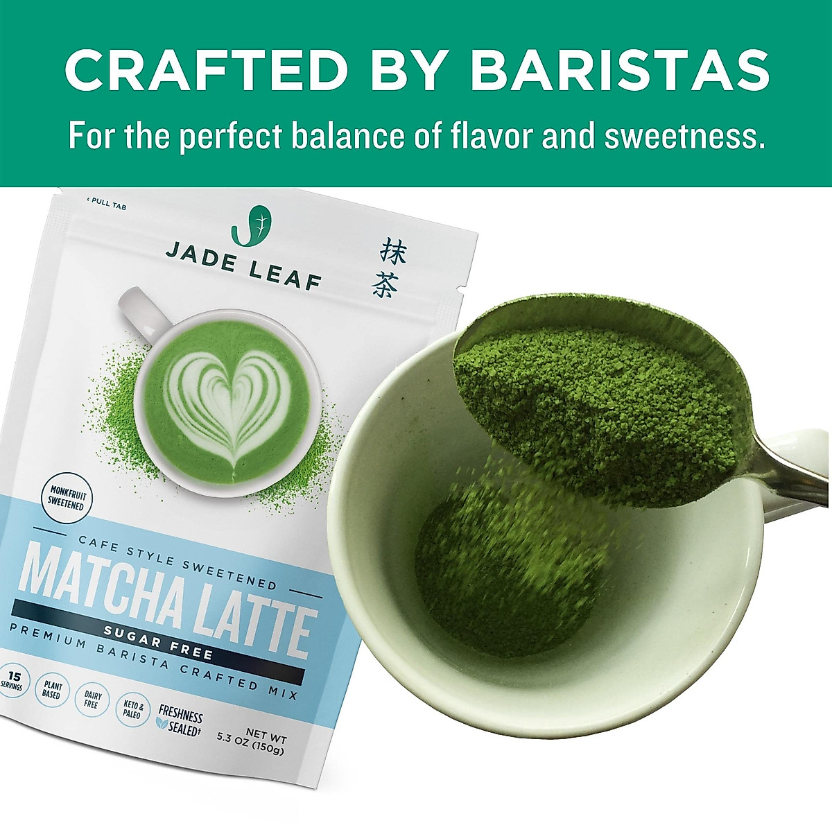 Jade Leaf Matcha Organic Café Style Sugar Free Matcha Latte Green Tea Powder, Premium Barista Crafted Mix, Authentically Japanese, 15 Servings (5.3 Ounces)