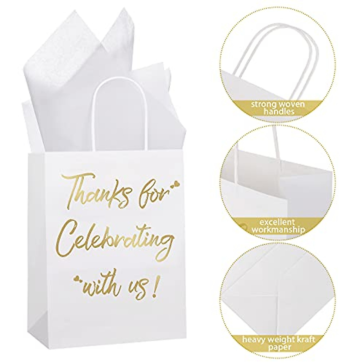 Cooraby 24 Pack White Kraft Paper Bags with Handles Thanks for Celebrating with Us Bags Party Favor Bags Medium Gift Bags Party Favor Bags with Tissue Papers for Birthday, Wedding, Baby Shower