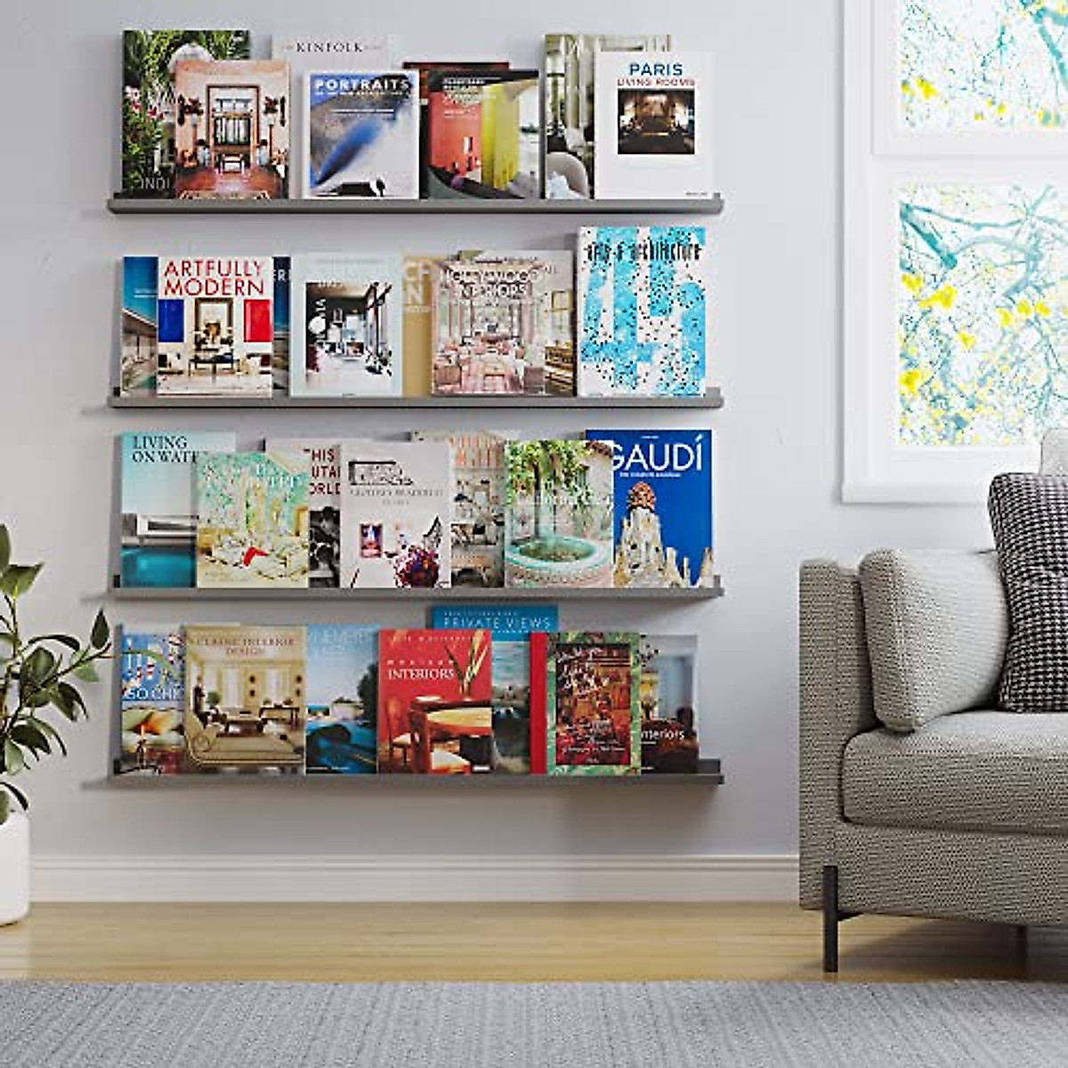 Wallniture Denver 46" Floating Shelves for Wall, Floating Bookshelf for Kids Room, Gray Kids Room Shelves, Wall Bookshelf for Living Room Decor, Nursery Shelves, Picture Ledge Shelf Set of 4