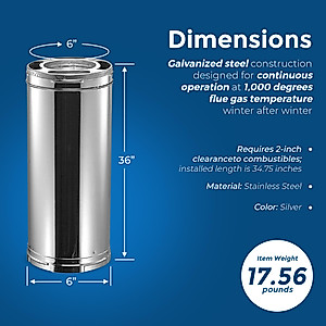 DuraVent DuraPlus 36 x 6 Inch Galvanized Stainless Steel Triple Wall Wood Burning Stove Pipe Connector for Ventilation with Twist Lock, Silver