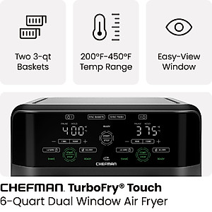 CHEFMAN 6 Quart Dual Basket Air Fryer Oven with Easy View Windows, Sync Finish, Hi-Fry, Auto Shutoff, 2 Independent 3Qt Nonstick Dishwasher Safe Frying Baskets, Digital Double Air Fryer - Black