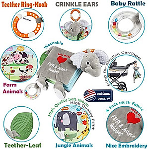 Baby Books Toys,Soft Cloth Crinkle Books for Babies Infants Toddler, Elephant Baby Gifts Teething Toys, Jungle Education Bunny Toys for 0-6 Months 1 Year Old Boy Girl,Stuffed Plush Book Touch and Feel