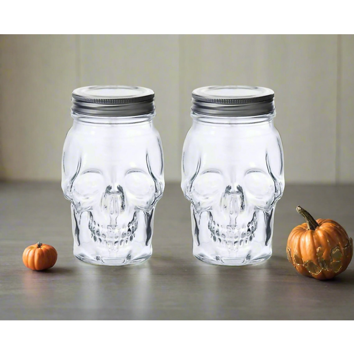 DURA LIVING Set of 2 Skull Mason Jar Glasses with Lids | 16oz Reusable Halloween Drinking Glasses | Unique Skull Décor, Storage, & Canning Jars for Parties & Gifts