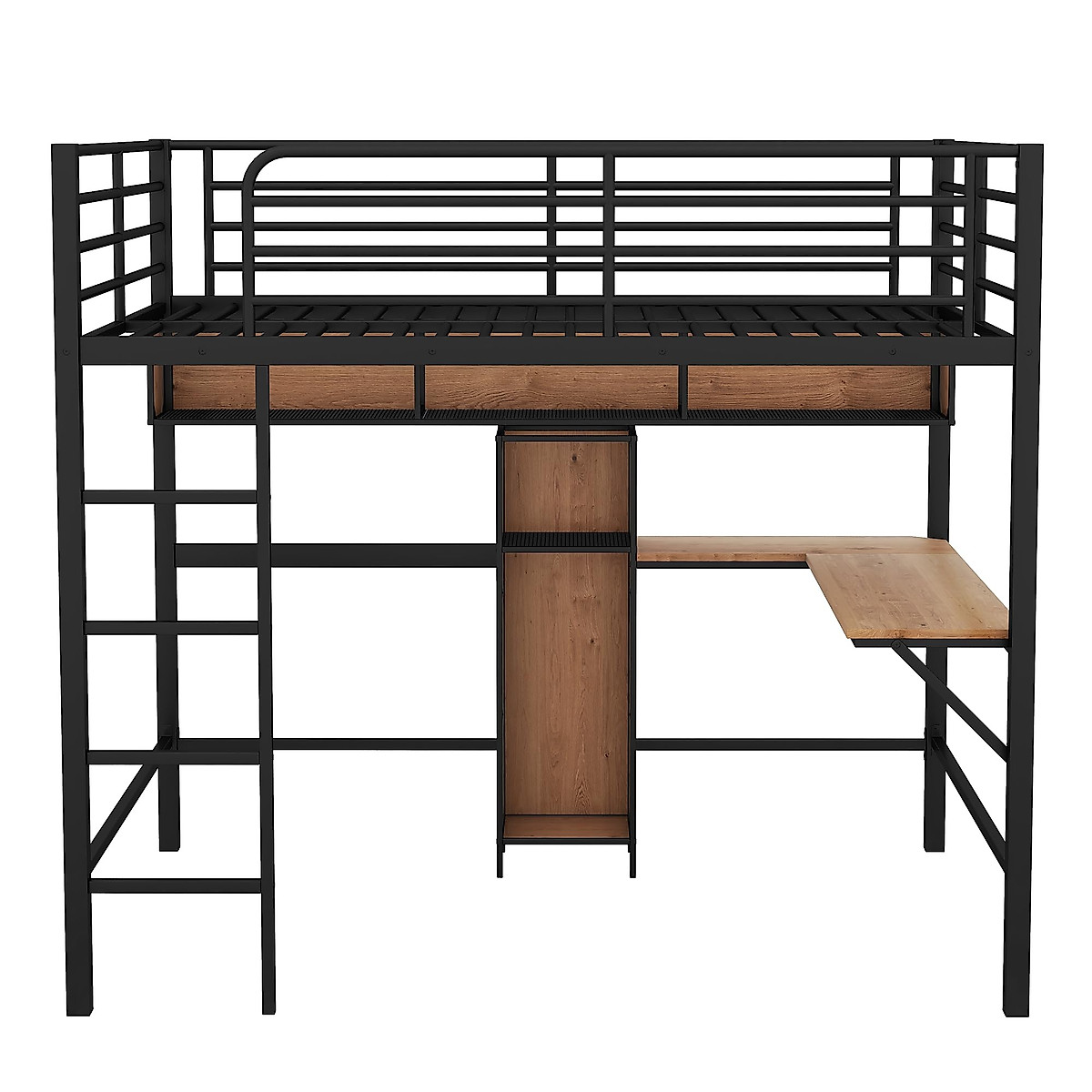 Oudiec Full Size Loft Bed with Wood L -Shaped Desk,Multifunctional Metal Bedframe w/Ladder & Shelves & Safety Rail for Dorm,Bedroom,No Noise,No Box Spring Needed,Black