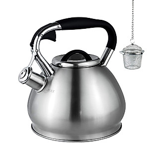 Whistling Tea Kettles Stovetop with Boils Faster Bottom,Surgical Brushed Stainless Steel Finish Whistling Teapot, 3 Quart,1YR Warranty, 1 Tea Maker Infuser Included by Kmatee