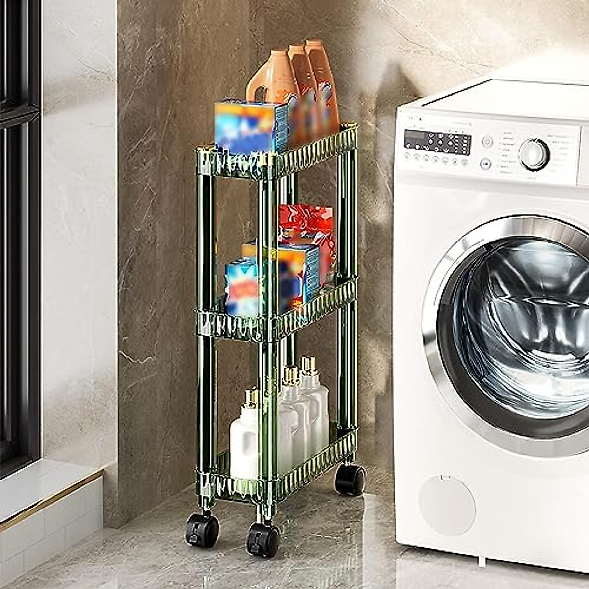 DARZYS Rolling Cart Storage cart Multifunction Moving Small Carts Slide Out Mobile Shelving Unit Cart with Wheels, 8" Dx6.2 Wx25.6 H Green