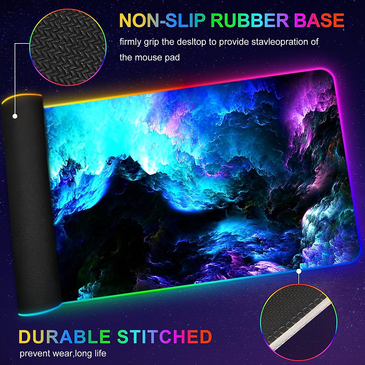 ARTSO RGB Gaming Mouse Pad Large, Extended LED Mouse Mat XXL 35.4x15.7 inch, 14 Lighting Modes, 2 Brightness, Non-Slip Rubber Base Mousepad Waterproof Keyboard Mat,Fantasy Nebula Sky