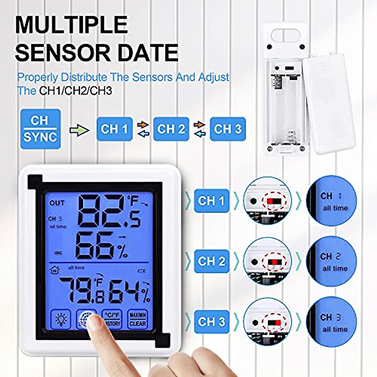 AUING Hygrometer Indoor Outdoor Thermometer Wireless Temperature Gauge Meter and ​Humidity Monitor with Touchscreen and Waterproof Outdoor Temperature Monitor,200ft/60m Range
