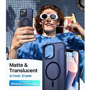 Maozis Strong Magnetic for iPhone 13 Pro Max Case [Compatible with Magsafe][Military Grade Drop Protection] Protective Shockproof Translucent Matte Slim Phone Case for iPhone 13 Pro Max, Navy Blue