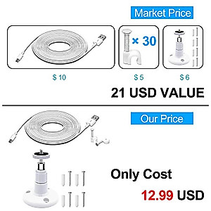 Wall Mount for Wyze Cam Pan Security Camera with 26FT Charging Cable, for Wyze Cam Pan v2 Mounting Kit Including Charging and Data Sync Cord, 360 Degree Adjustable Ceiling Mount, and 30 Wire Clips