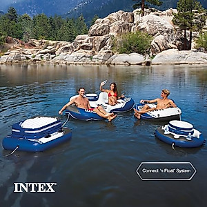 Intex River Run II Inflatable Double Rider Inntertube with Built-in Cooler and Cupholders with River Run I Single Floating Water Rafts (2 Pack)