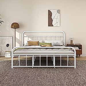alazyhome California King Bed Frame Metal Platform with Vintage Headboard and Footboard Easy Assembly No Box Spring Needed Steel Slat Support White