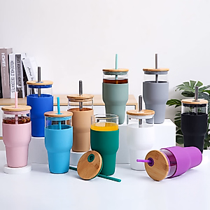 kytffu 32oz Glass Tumbler with Straw and Lid, Reusable Boba Smoothie Cup Iced Coffee Tumbler with Silicone Sleeve, Fits Cup Holder Glass Water Bottle BPA Free, Olive + White