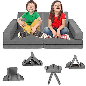 Polar Aurora Kids Couch Sofa 6-Piece Fold Out Couch Play Set for Imaginative Kids,Modular Foam Play Couch,Toddler to Teen Bedroom Furniture,Girls and Boys Playroom Sofa M (Gray)