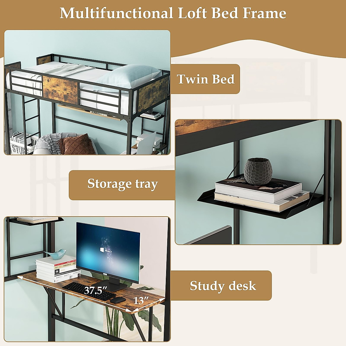 Giantex Metal Twin Loft Bed with Desk and Storage Shelf, Heavy Duty Loft Bed Frame with Build-in Ladder & Safety Guardrail, Space-Saving Twin Size Loft Bed for Teenager and Adult, Black