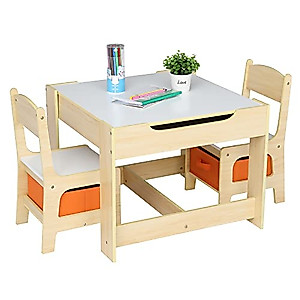 Karl home Kids Table and Chair Set, Multifunctional Children Writing Desk with Interior Storage, Chair with Non-Woven Drawer for Study Room Play Room Dining Room Living Room Natural Wood