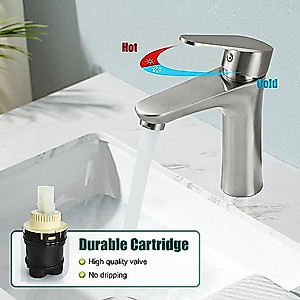 Heyalan Brushed Nickel Bathroom Faucet Single Handle 1 Hole SUS304 Stainless Steel Deck Mount Lavatory Single Switch Basin Sink Hot and Cold Water Mixer Tap with Pop Up Drain