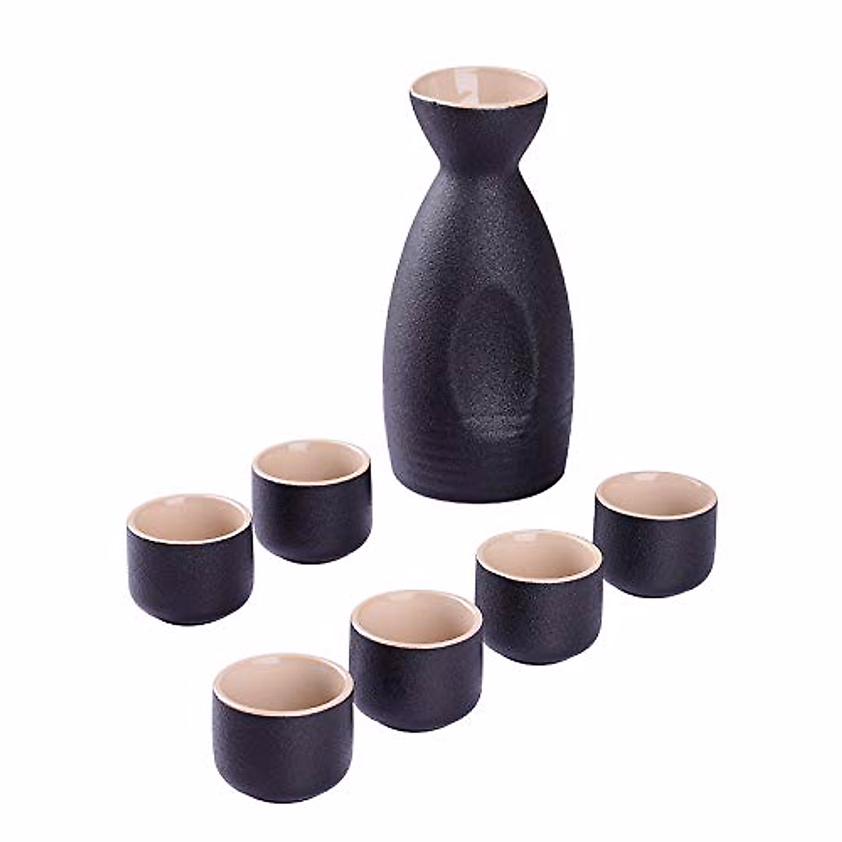 NEWQZ Japanese Sake Set, Traditional Ceramics Black Sake Serving Sets 7 Pcs include 1 Pot and 6 Cups