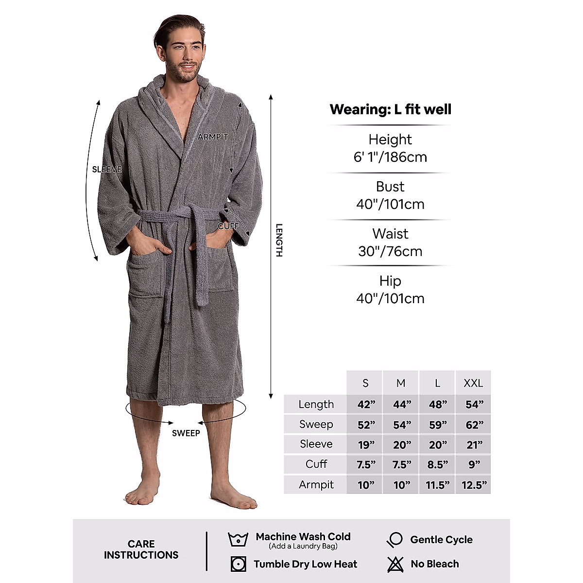 Turkuoise Men 's Turkish Terry Cloth Robe, Thick Hooded Bathrobe Black, Medium