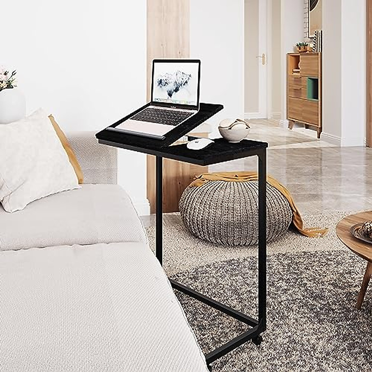 YELNOKU Couch Desk with Lockable Wheels, Slide Sofa Desk with Tiltable Drawing Board, Over Couch Arm Side Table Desk for Eating and Laptops, Portable Ergonomic Laptop Stand for Home Office Work, Black