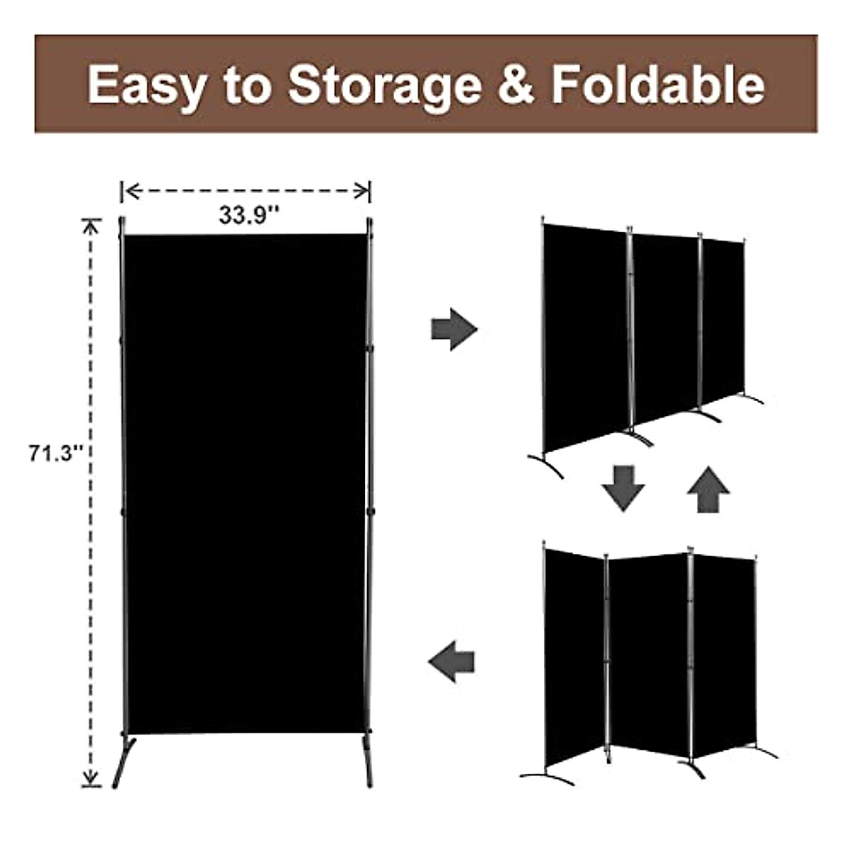 YASRKML 3 Panel Room Divider, Folding Privacy Screen for Home, Dorm, Office, Partition Room Dividers Separators, Freestanding Room Divider Screen Fabric Panel 102x71.3'', Black