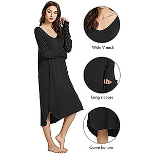 WiWi Viscose from Bamboo Nightgowns for Women Soft Long Sleeve Sleep Shirt Plus Size Pajamas S-4X, Black, 3X