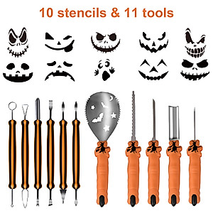 Halloween Pumpkin Carving Kit with 10 Stencils, ENVEL 11 Pcs Professional Stainless-Steel Pumpkin Pottery Sculpture Modeling Tools Set Heavy-Duty Steel Cutting Easily for Art Crafts, Adults