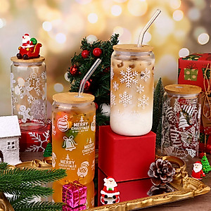 Mkhaslri 4Pcs Christmas Glass Cups with Lids and Straws,16oz Iced Coffee Cups with Lids Christmas Beer Drinking Glasses,Clear Cups Xmas Coffee Bar Accessories Gifts Home Decorations