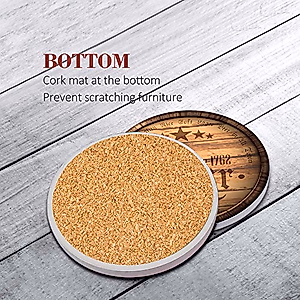 Britimes Set of 6 Coaster for Drinks Absorbent with Cork Base, Metal Holder, Round Wooden Stone Drink Mat for Coffee Wood Table, Gift for Birthday, Farmhouse Housewarming Room Bar Decor Retro 2