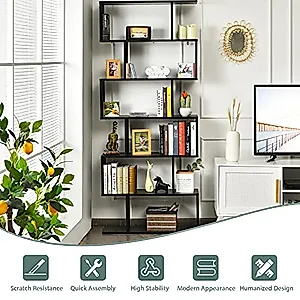 Tangkula 6 Tier S Shaped Bookshelf, 31.5''L x 9''W x 75''H, Wooden Bookcase and Bookshelves w/Anti-Toppling Device, Room Divider Display Shelves for Living Room, Home Decor, 6 Shelf Bookshelf