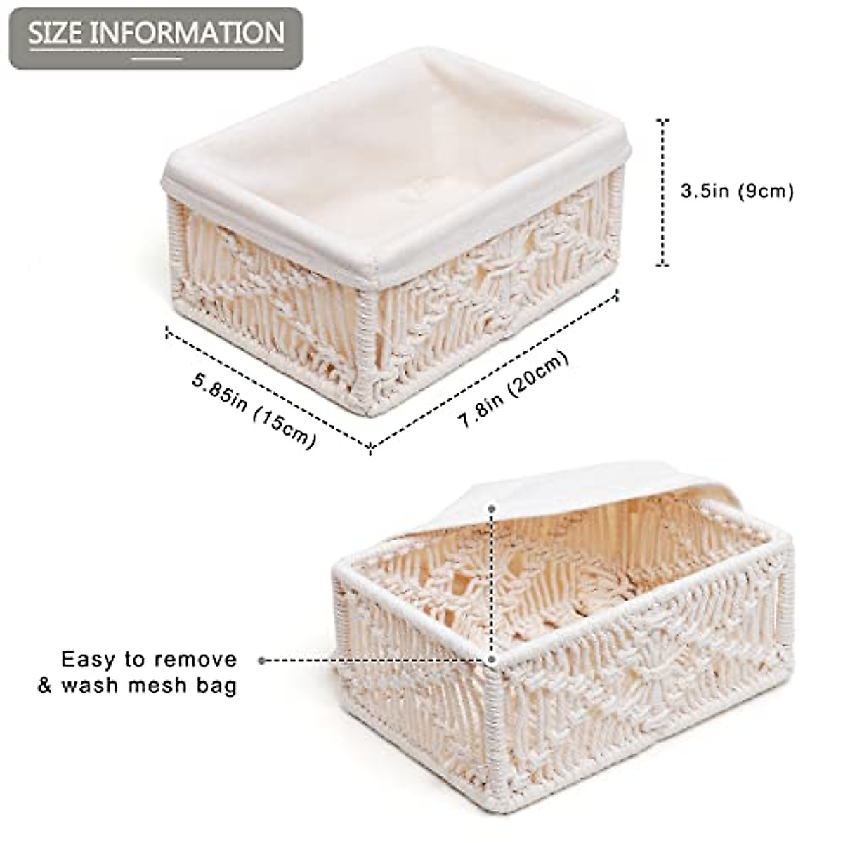 Macrame Storage Baskets, Decorative Hand Woven Boho Baskets, Boho Decor, Organizer for Bedroom Nursery Living Room, Room Decor, Removable Cloth Liner, Washable, Beige Set of 2, L: 7,87’’ x W: 5,91’’ x H: 3,54’’