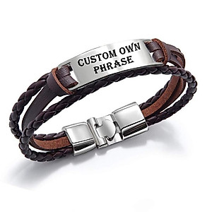 JUPPE Custom Leather Bracelet, Personalized Engraved Stainless Steel Bar Bracelet Bangle Gifts For Men Women Husband (Custom order)