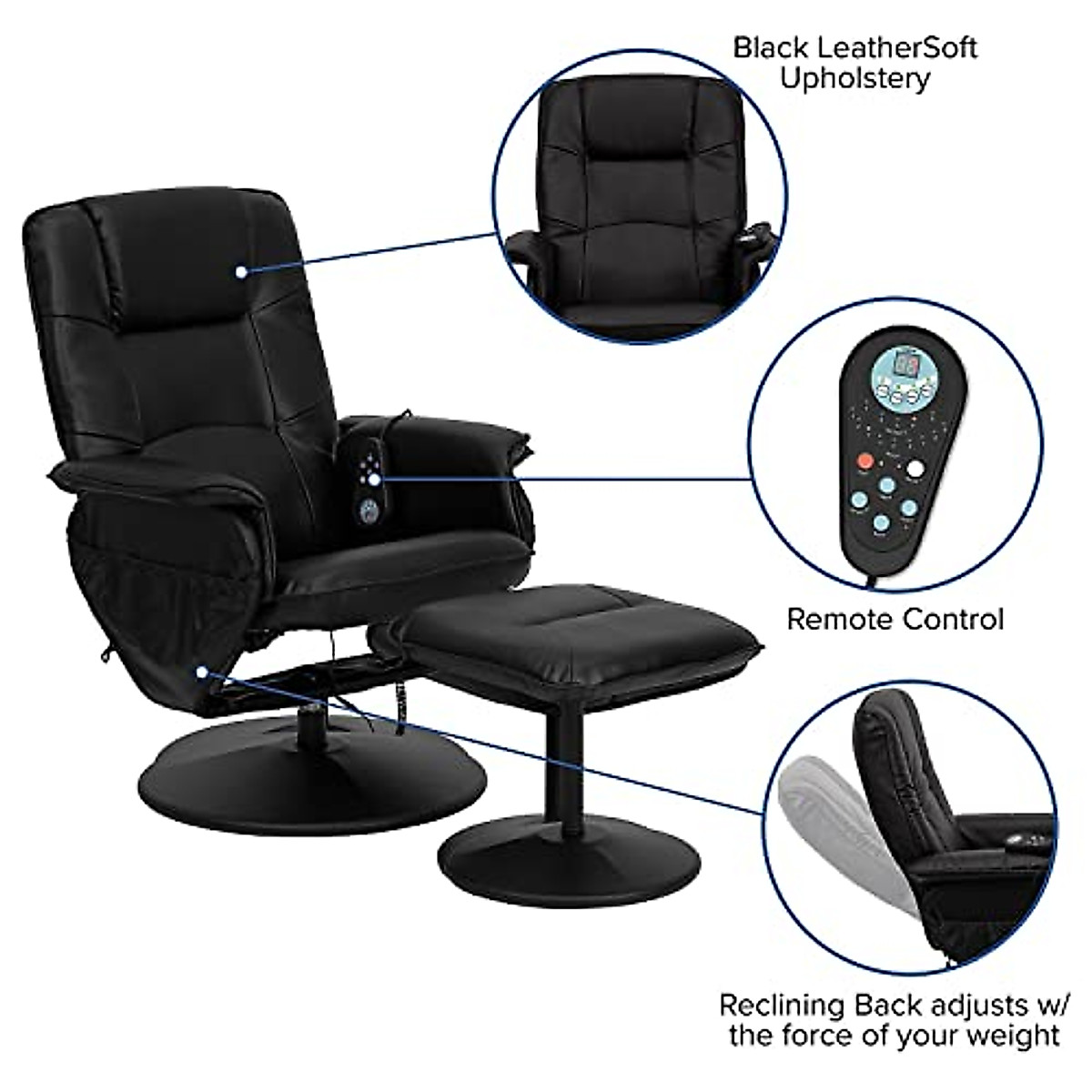 Flash Furniture Cason Massaging Adjustable Recliner with Deep Side Pockets and Ottoman with Wrapped Base in Black LeatherSoft