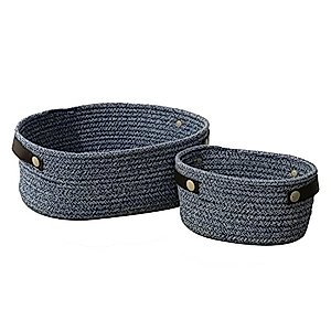 2 Pack Storage Rope Basket with Handle for Books, Magazines, Toys, Nursery, Bedroom, Living Room, Spa Soft Woven Bins (DARK BLUE)