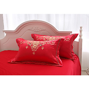 I-MART King Size Chinese Wedding Red Bedding Set, Asian Bedding with Dragon and Phoenix Bird Embroidery Duvet Cover Set of 4