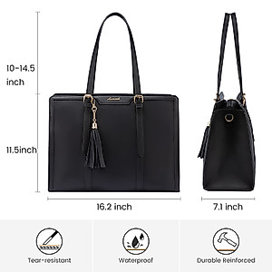 LOVEVOOK Laptop Bag for Women 15.6 inch Lightweight PU Laptop Tote Bag, Large Capacity Computer bag with Clutch Purse for Business, Work, Office, Travel, School,Casual(Black & Leather)