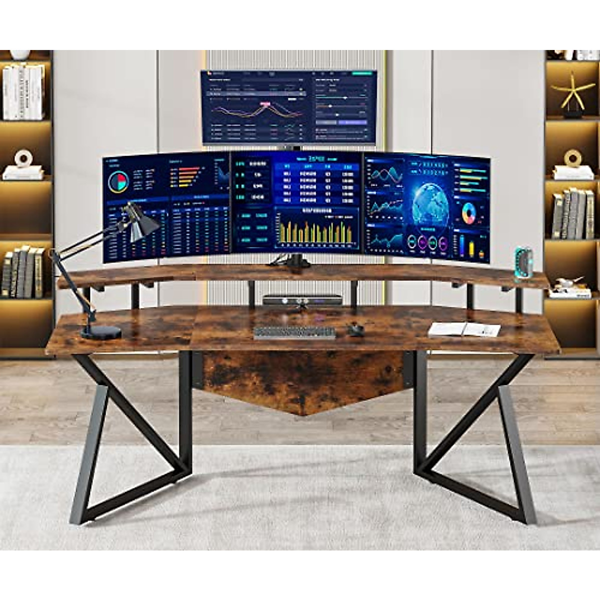 Tribesigns Computer Desk, 70.9" Large Home Office Desk with Monitor Stand, Modern Wing-Shaped Gaming Studio Desk Study Table Workstation for Live, Streamer,Rustic Brown