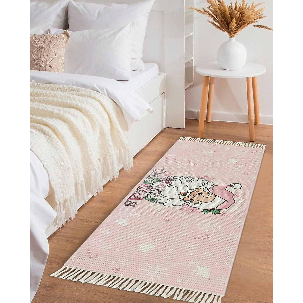 Runner Rug for Hallway 2x6ft, Merry Christmas Cute Pink Santa Washable Runner Rugs with Tassels Woven Floor Carpet Runners for Hallways Kitchen Laundry Entryway