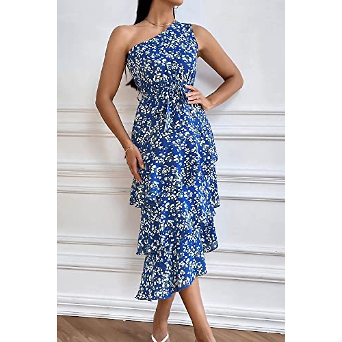 PRETTYGARDEN Women's Summer Floral Sundress Casual One Shoulder Tiered Ruffle Flowy Midi Beach Boho Dresses (Floral Royal Blue White,Medium)