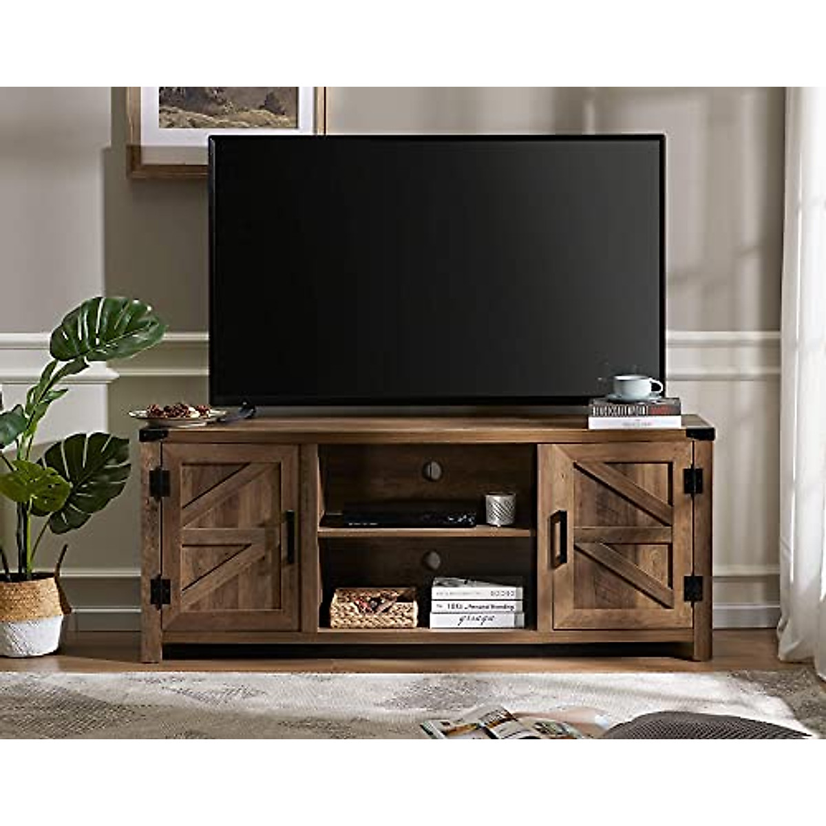 WAMPAT Farmhouse Barn Door TV Stand for TVs Up to 65" Modern Wood Console Entertainment Center Storage Cabinet Table Living Room with Adjustable Shelves