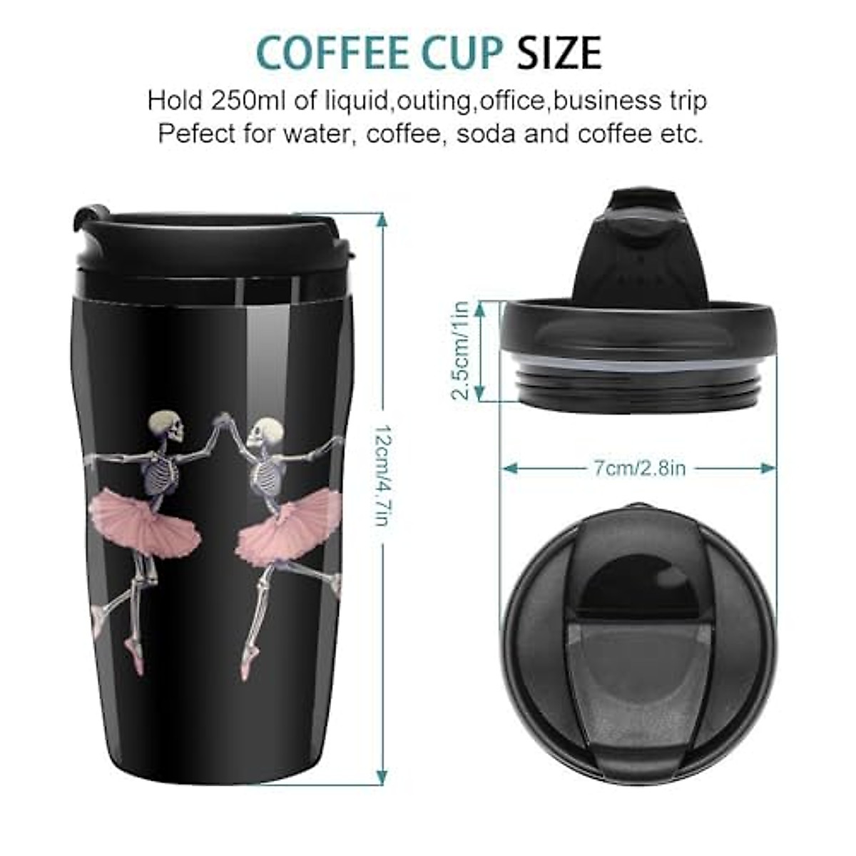 Skull Skeleton Ballet Dancing Travel Coffee Mug Reusable Coffee Cup Tumbler with Lid for Outdoor 250ml