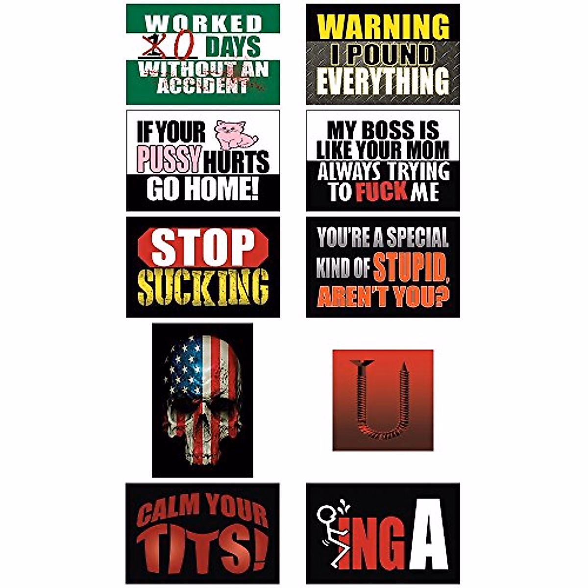 America First Funny Adult Hard Hat Stickers. 10 Pack with Skull and Slogans for Laugh at Work. Hilarious Decals for Helmet, Construction, Mechanic, Union, Welder, Tool Box, Union, Military, Veterans. Made in USA!