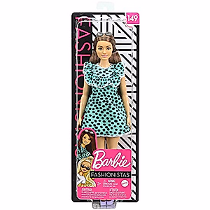 Barbie Fashionistas Doll #149 with Long Brunette Hair Wearing Graphic Black & Aqua Polka-Dot Dress, Purple Sandals & Sunglasses, Toy for Kids 3 to 8 Years Old