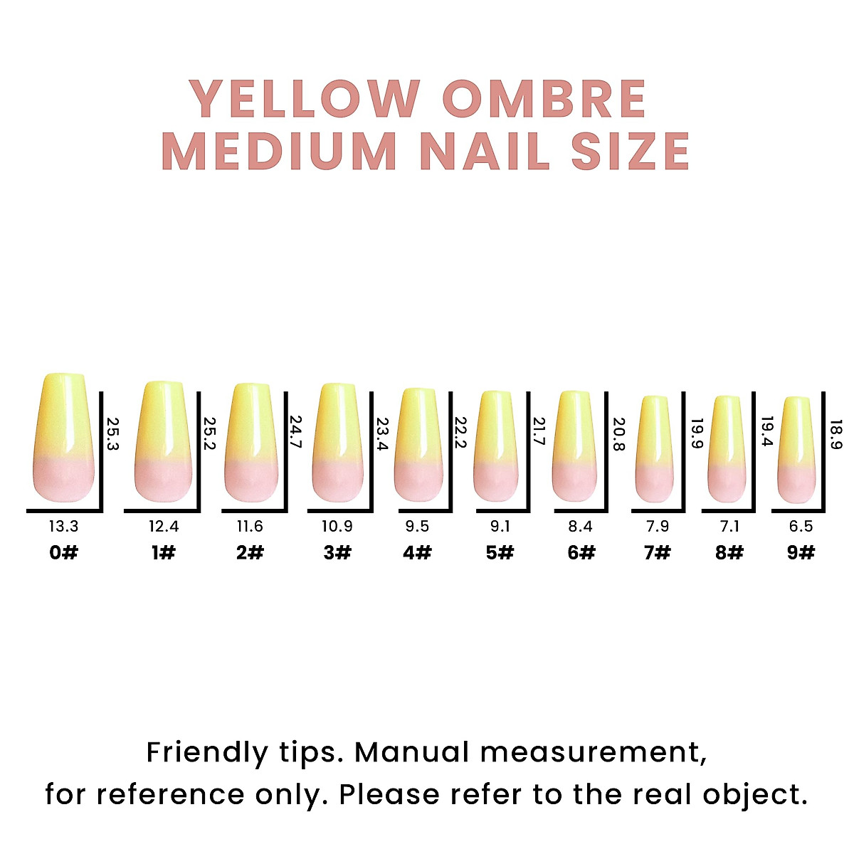 Allkem Press On Nails - Yellow Ombre Glossy Medium Long Ballerina | 10 sizes - 20 pcs Coffin Nail kit with Glue