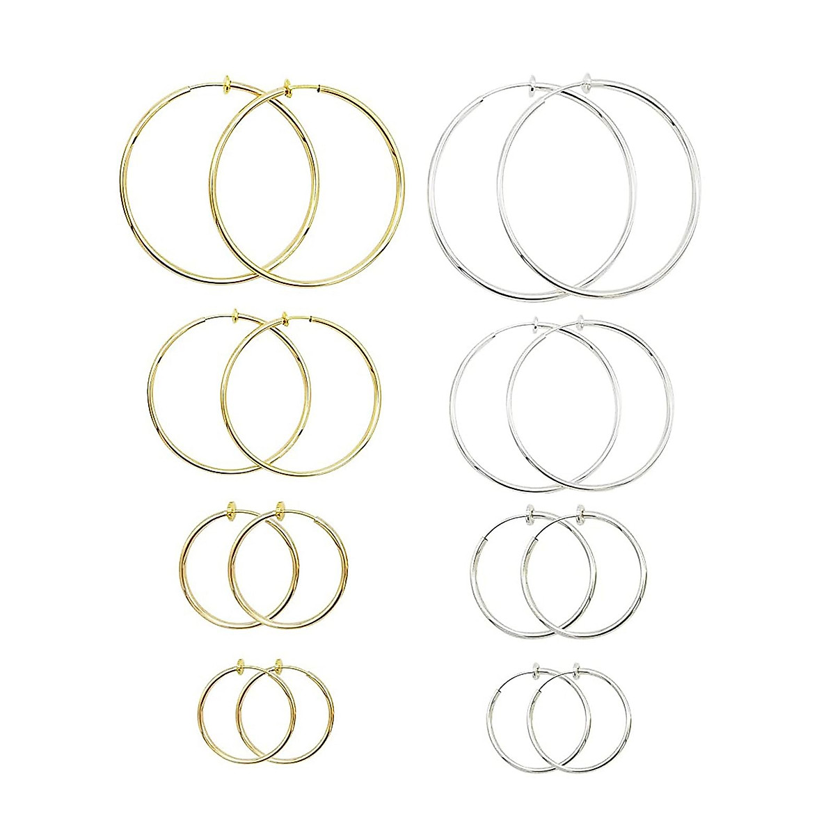 Aganippe Gold/Silver Clip On Hoop Earrings for Women Non Piercing Earrings Jewelry Set Large Hoop Earrings for Women Teens Retractable Clip On Hoop Earrings (8 Pair gold silver earrings)